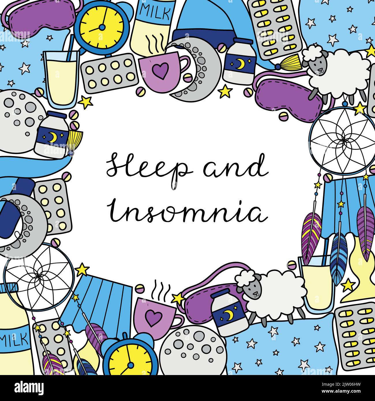 Square background with hand drawn colored sleep, insomnia items and ...