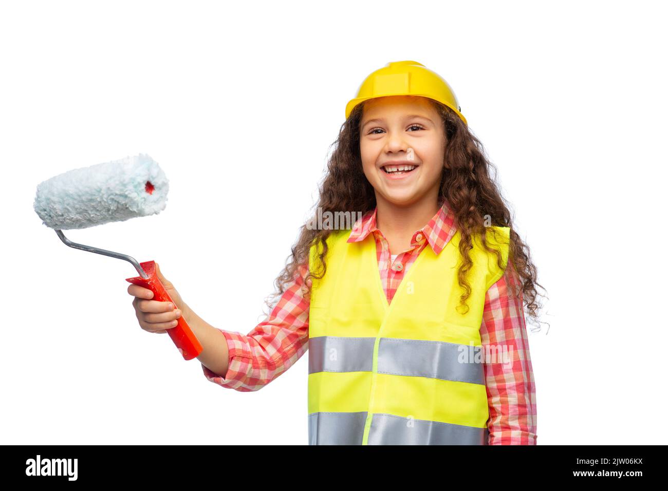 girl in helmet and safety vest with paint roller Stock Photo - Alamy