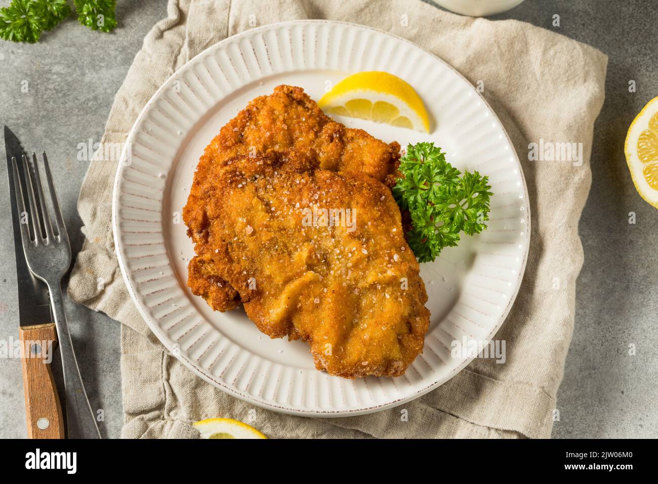 Homemade Deep Fried German Pork Schnitzel with Salt and Lemon Stock ...