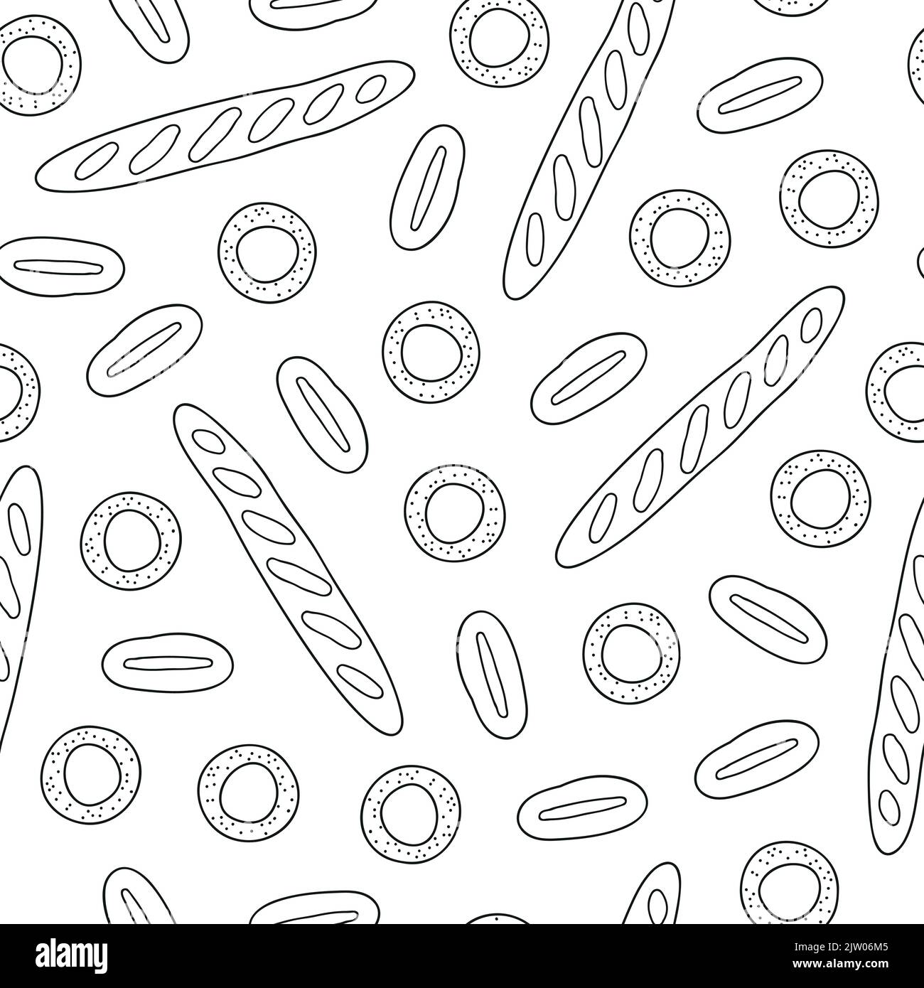 Black and white seamless pattern with hand drawn outline buns, loafs ...