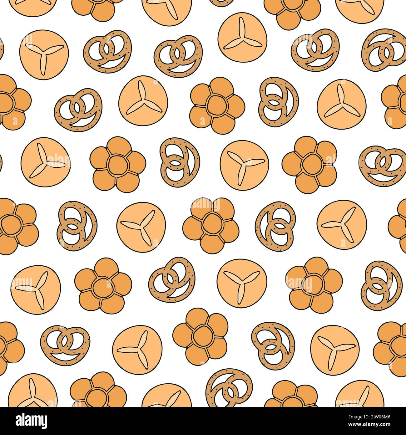 Seamless pattern with hand drawn colored puffs, white bread, buns Stock ...