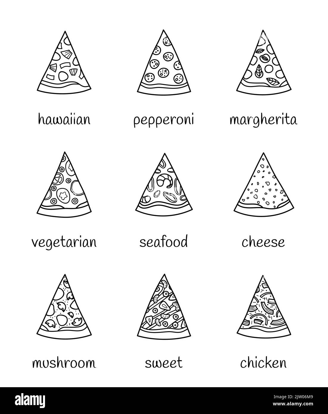 Set of different doodle outline pizza slices isolated on white ...