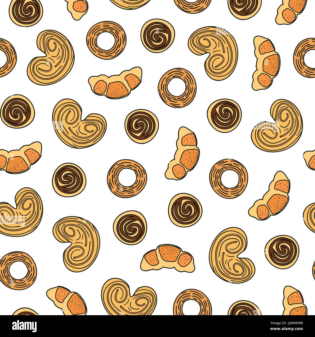 Seamless pattern with hand drawn colored puffs, croissants, buns Stock ...