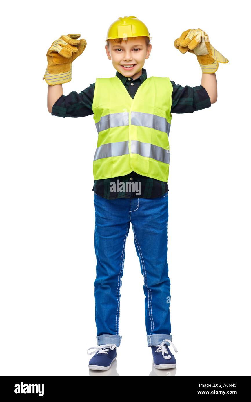 boy in protective helmet showing power gesture Stock Photo - Alamy