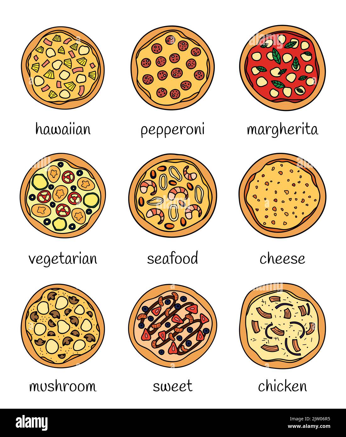 Set of different doodle colored pizza isolated on white background with ...