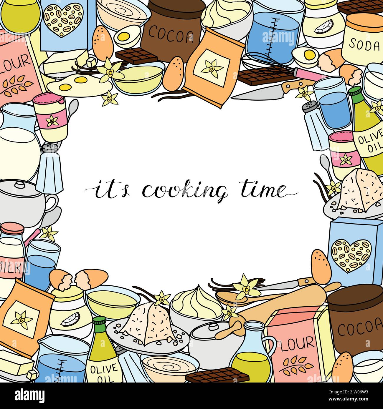 Square background with hand drawn colored cooking ingredients and ...