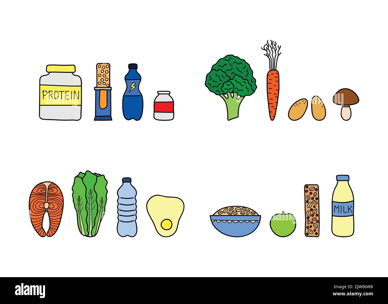 Groups of doodle colored sport foods including protein, fruits ...
