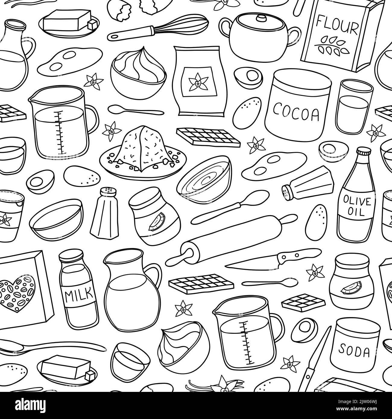 Black and white seamless pattern with hand drawn outline cooking ...
