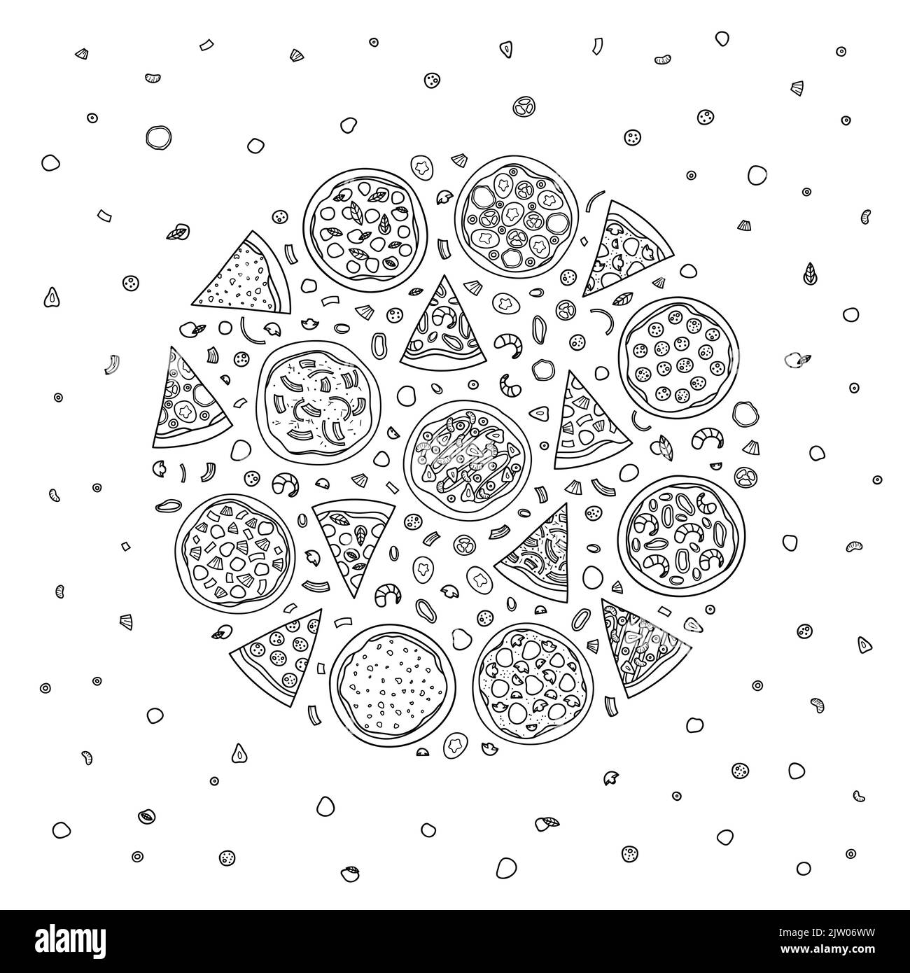Different doodle outline pizza with ingredients composed in circle ...