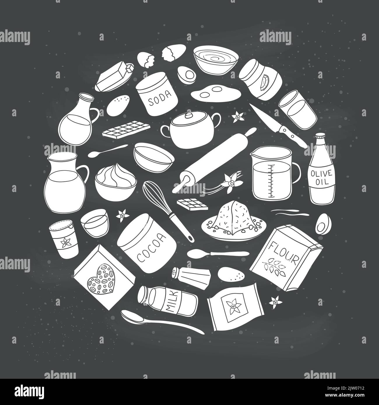 Hand drawn cooking, baking ingredients composed in circle shape with ...