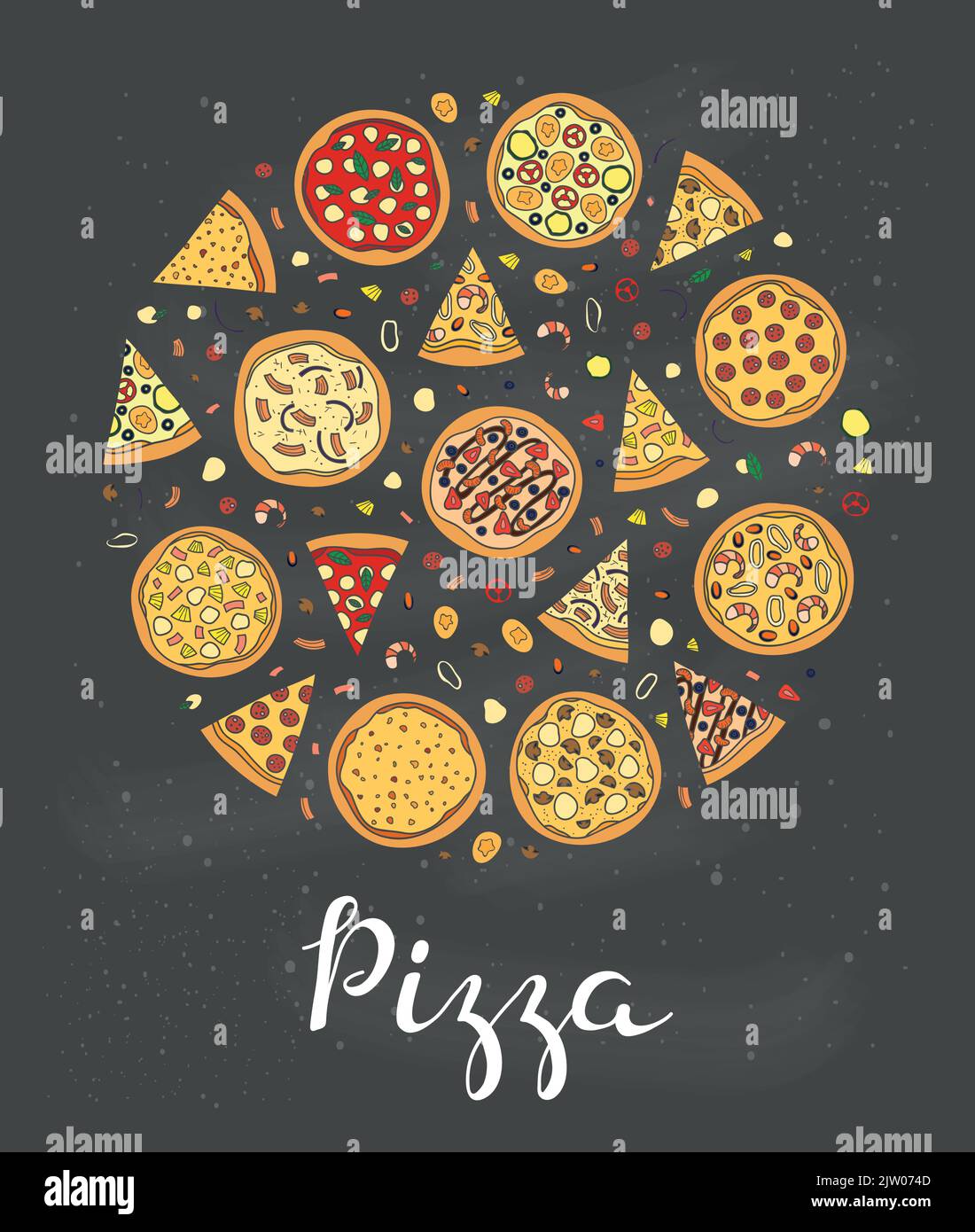 Different doodle colored pizza composed in circle shape with lettering ...