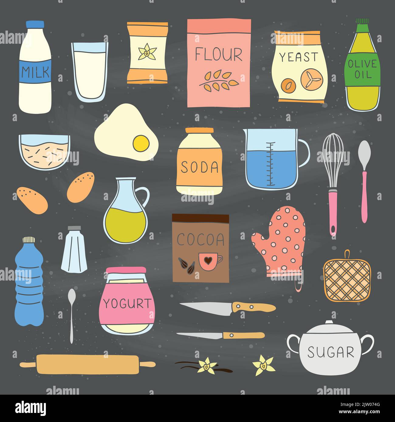 Set of doodle colored cooking, baking ingredients isolated on ...