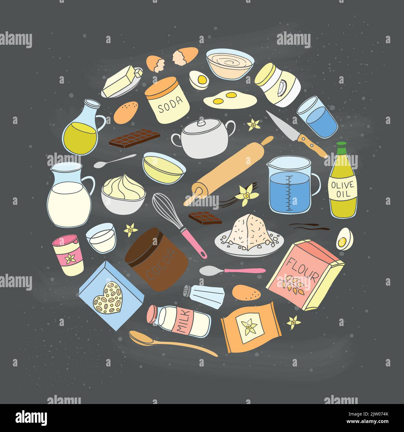 Hand drawn colored cooking, baking ingredients composed in circle shape ...