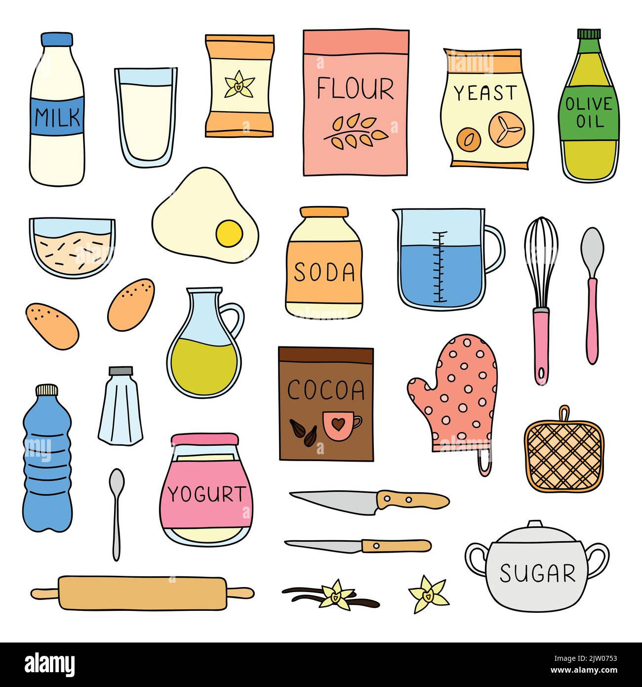 Set of doodle colored cooking, baking ingredients isolated on white ...