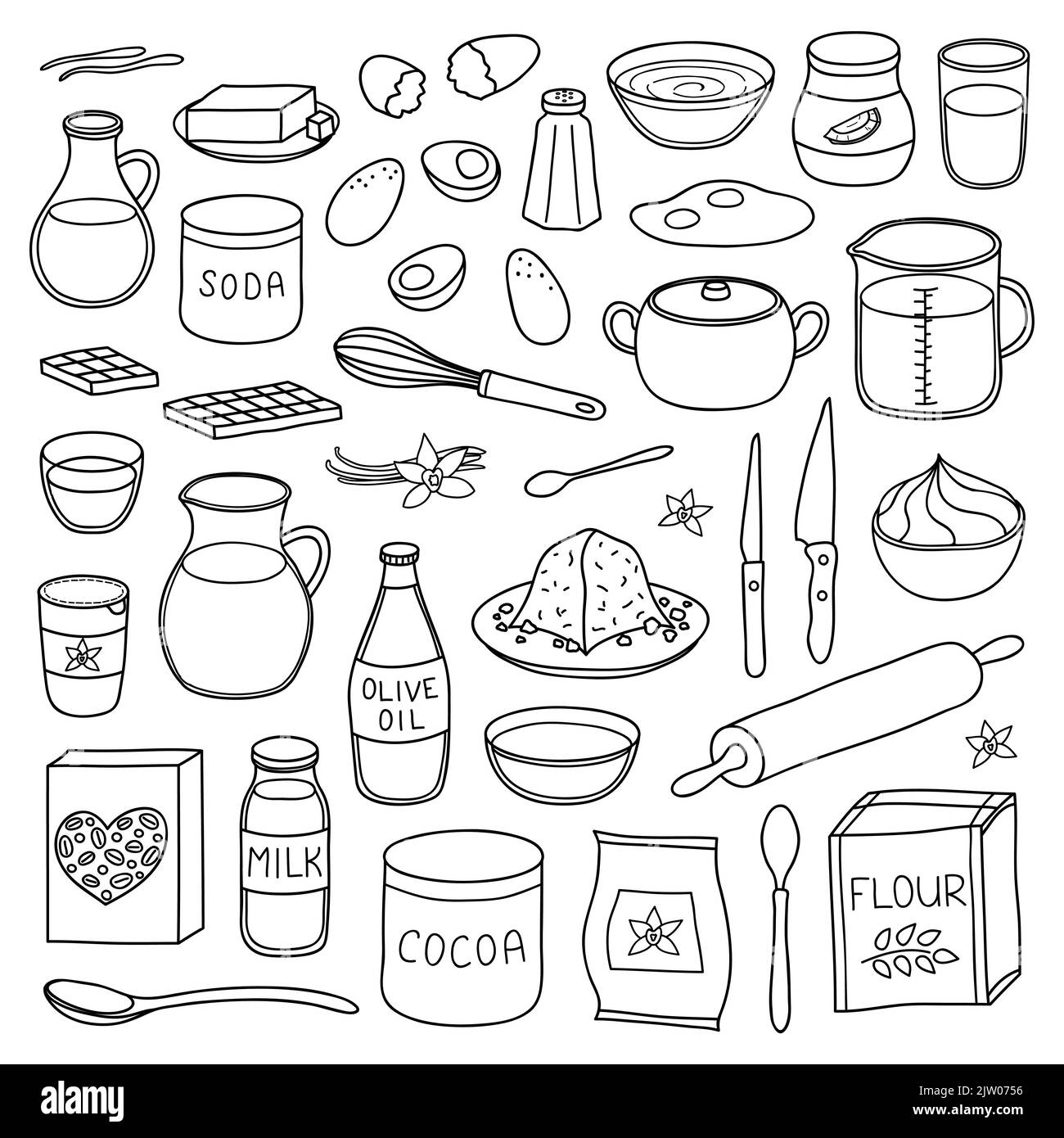 Set of hand drawn outline cooking, baking ingredients isolated on white ...