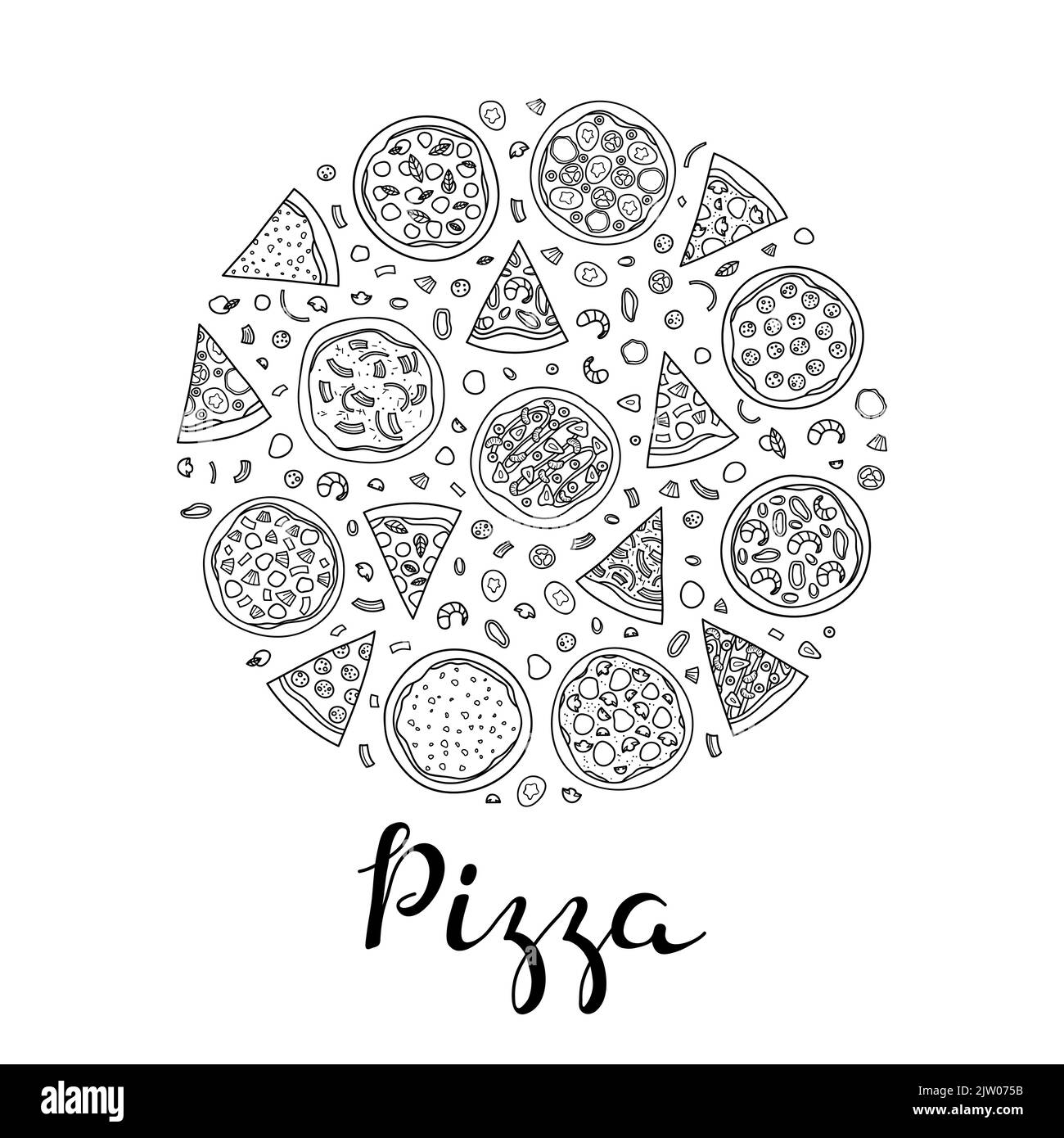 Different doodle outline pizza composed in circle shape with lettering ...