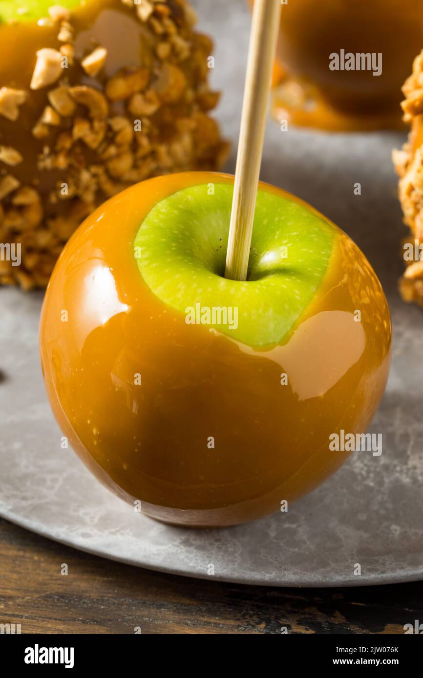 Homemade Halloween Candy Taffy Apples with Caramel and Peanuts Stock ...