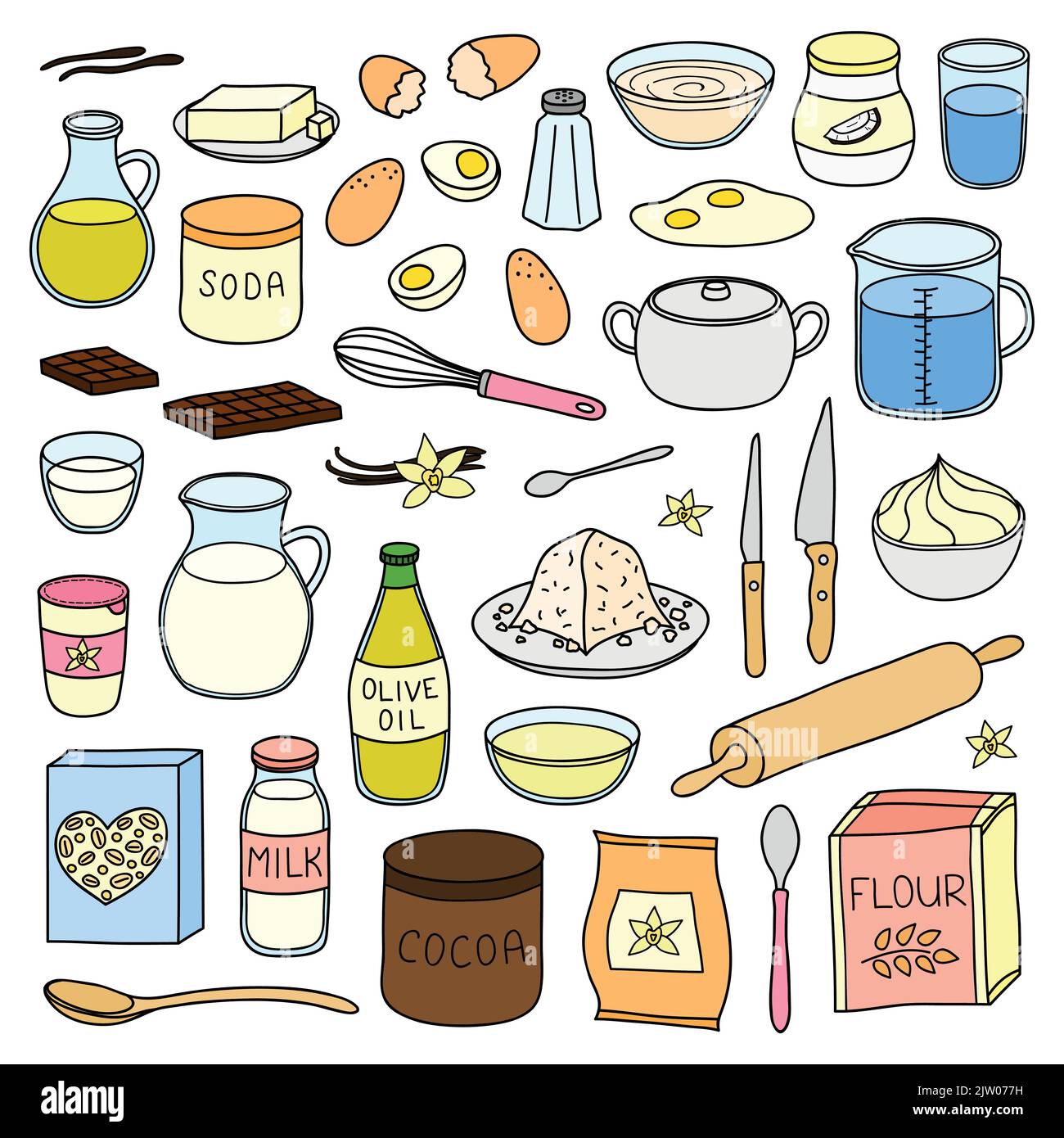 Set of hand drawn colored cooking, baking ingredients isolated on white ...
