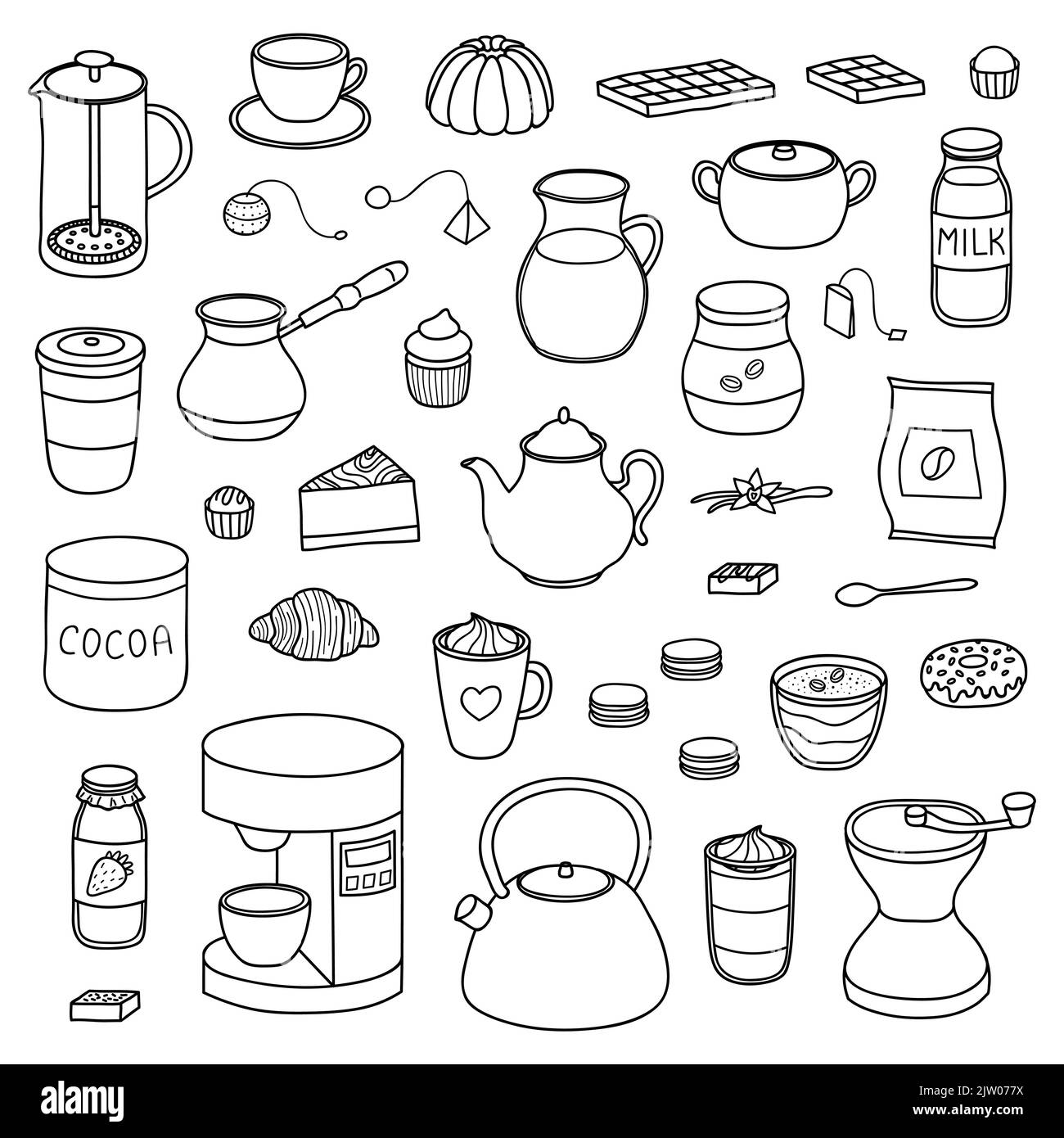 Set of hand drawn outline coffee, tea and cocoa items isolated on white ...