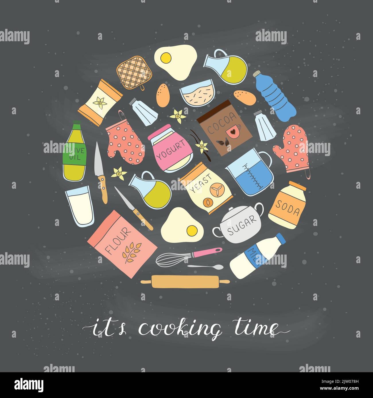Doodle colored cooking, baking ingredients composed in circle shape ...
