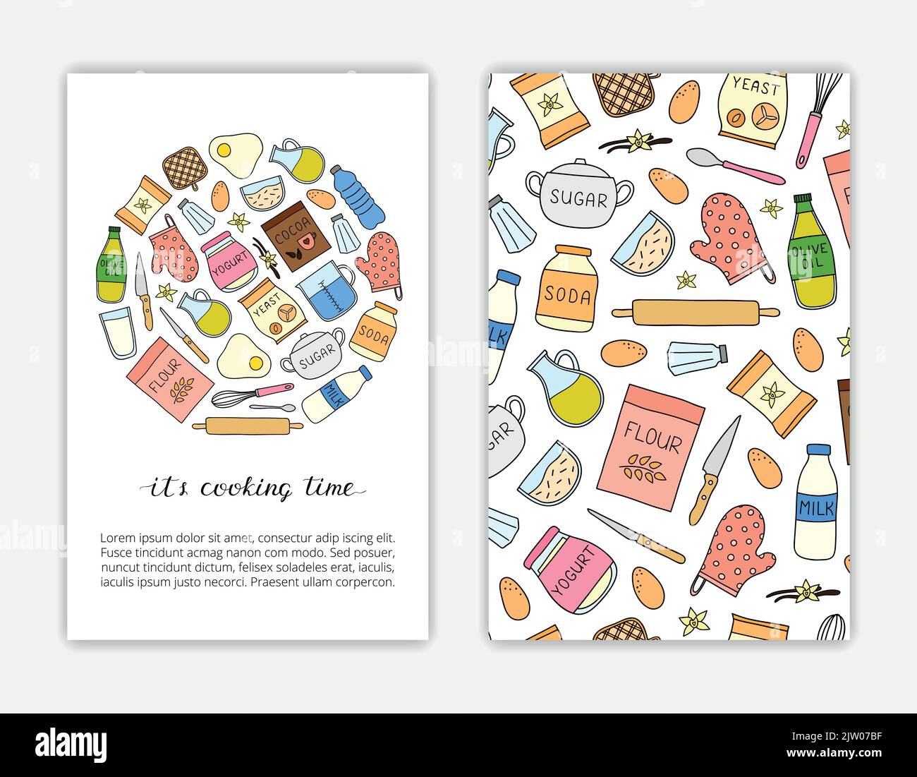 Card templates with doodle colored baking ingredients. Used clipping ...