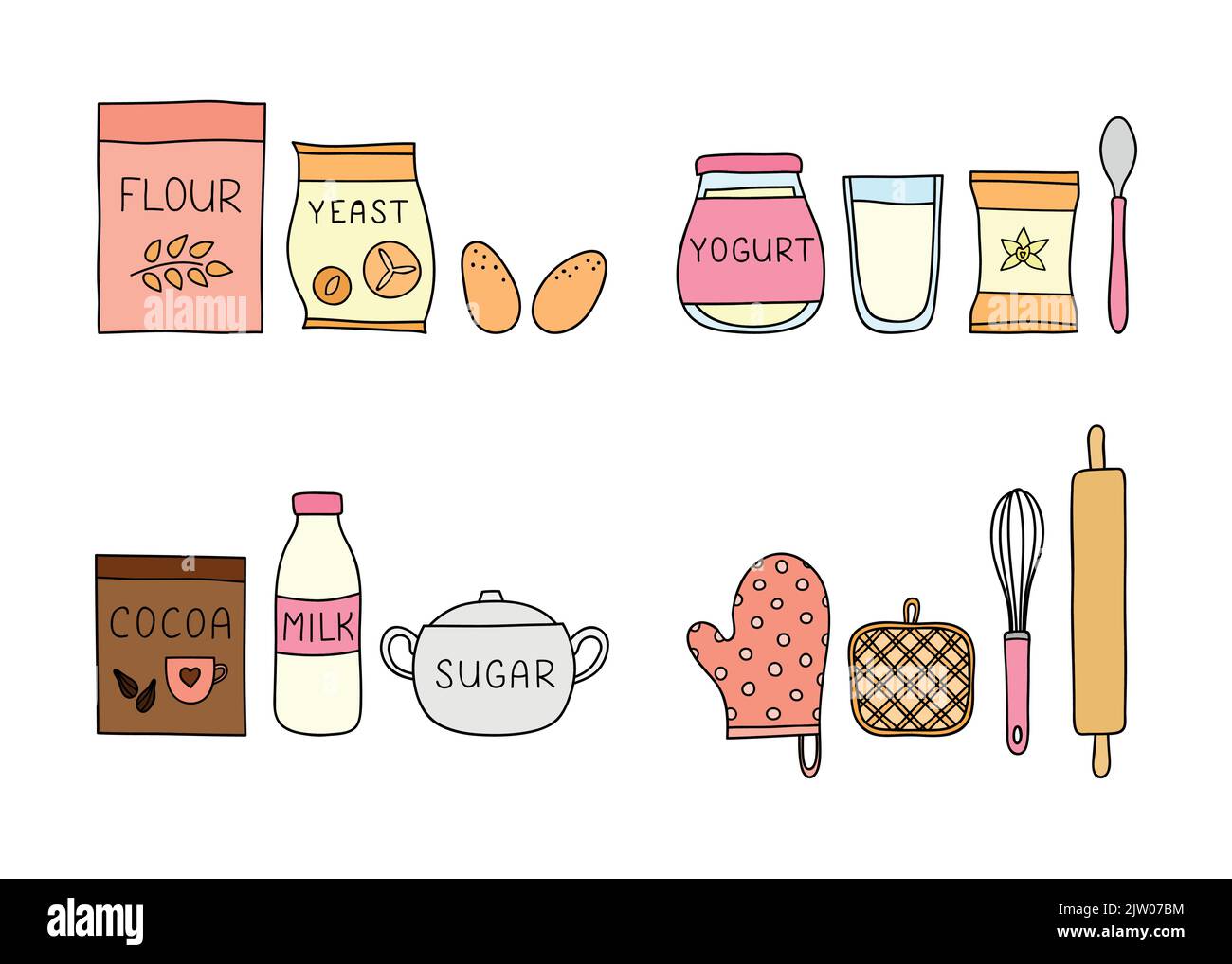 Groups of doodle colored baking ingredients isolated on white ...