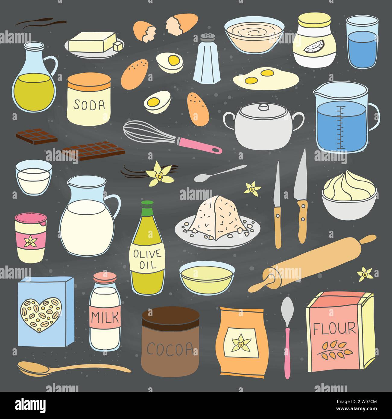 Set of hand drawn colored cooking, baking ingredients isolated on ...