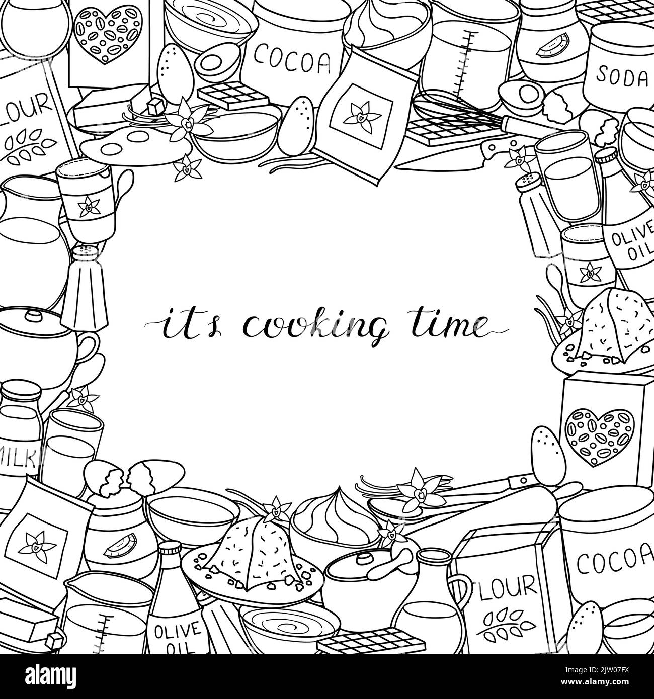 Square background with hand drawn uncolored cooking ingredients and ...