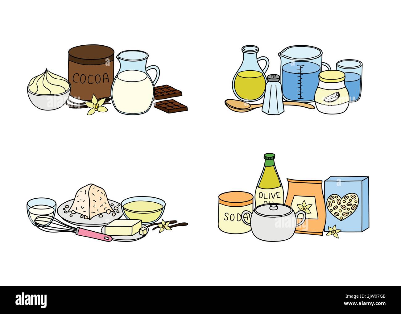 Groups of hand drawn colored cooking, baking ingredients isolated on ...