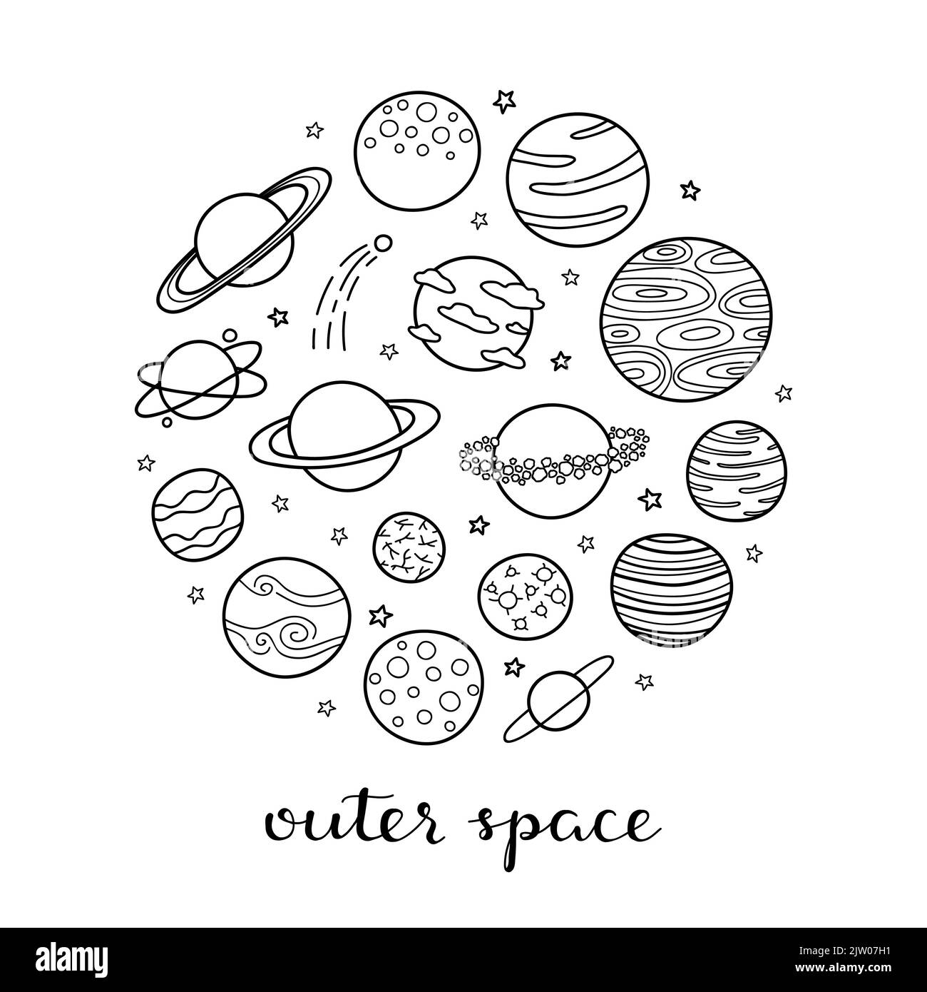 Different outline doodle fantastic space planets composed in circle ...