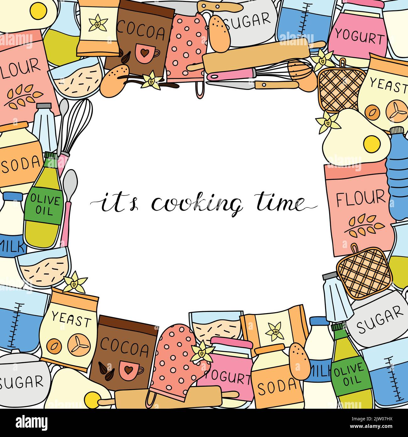 Square background with doodle colored cooking ingredients and lettering ...