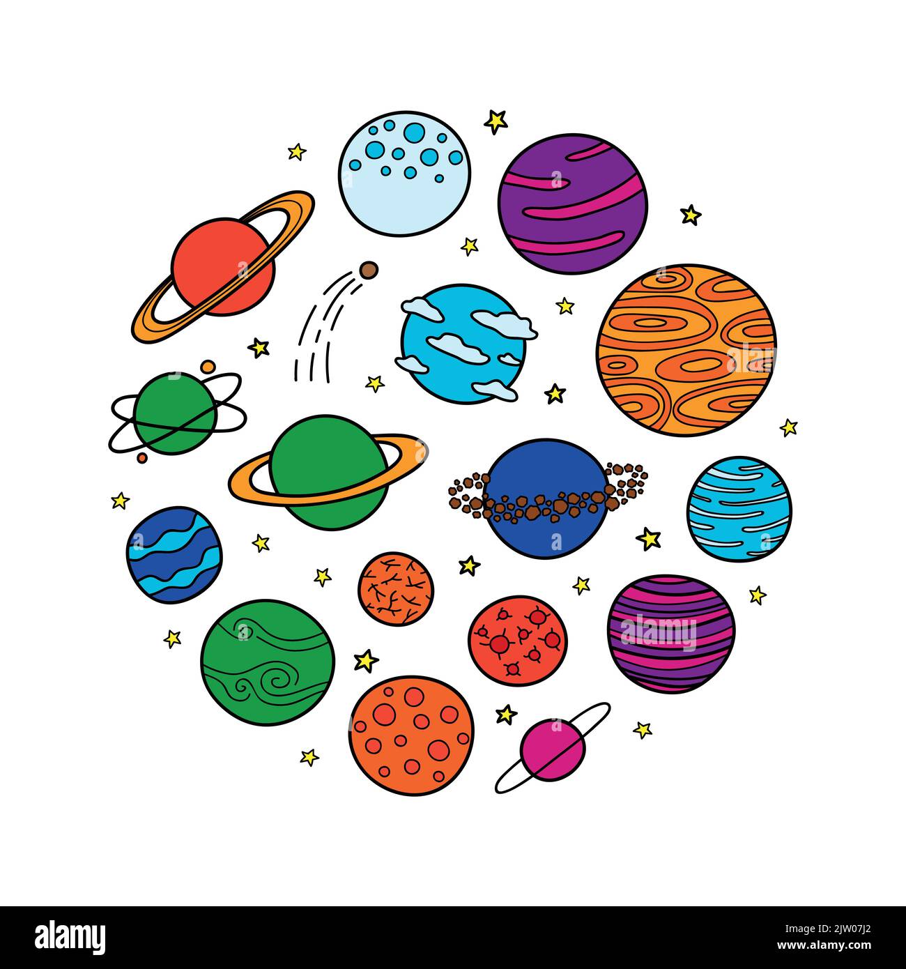 Different colorful doodle fantastic space planets composed in circle ...