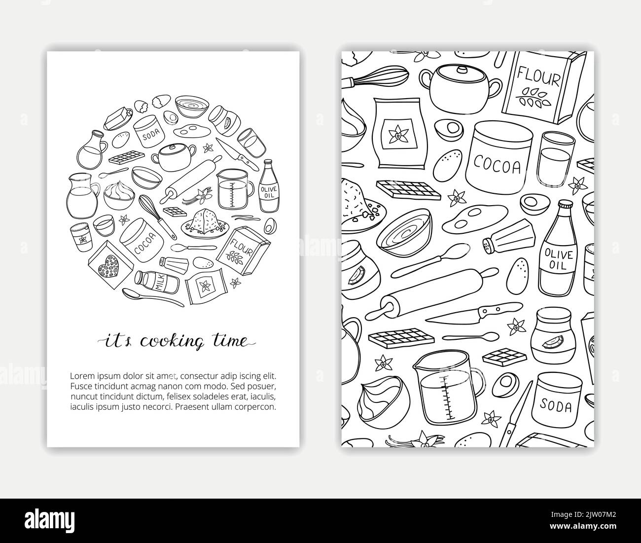 Card templates with hand drawn outline cooking ingredients. Used ...