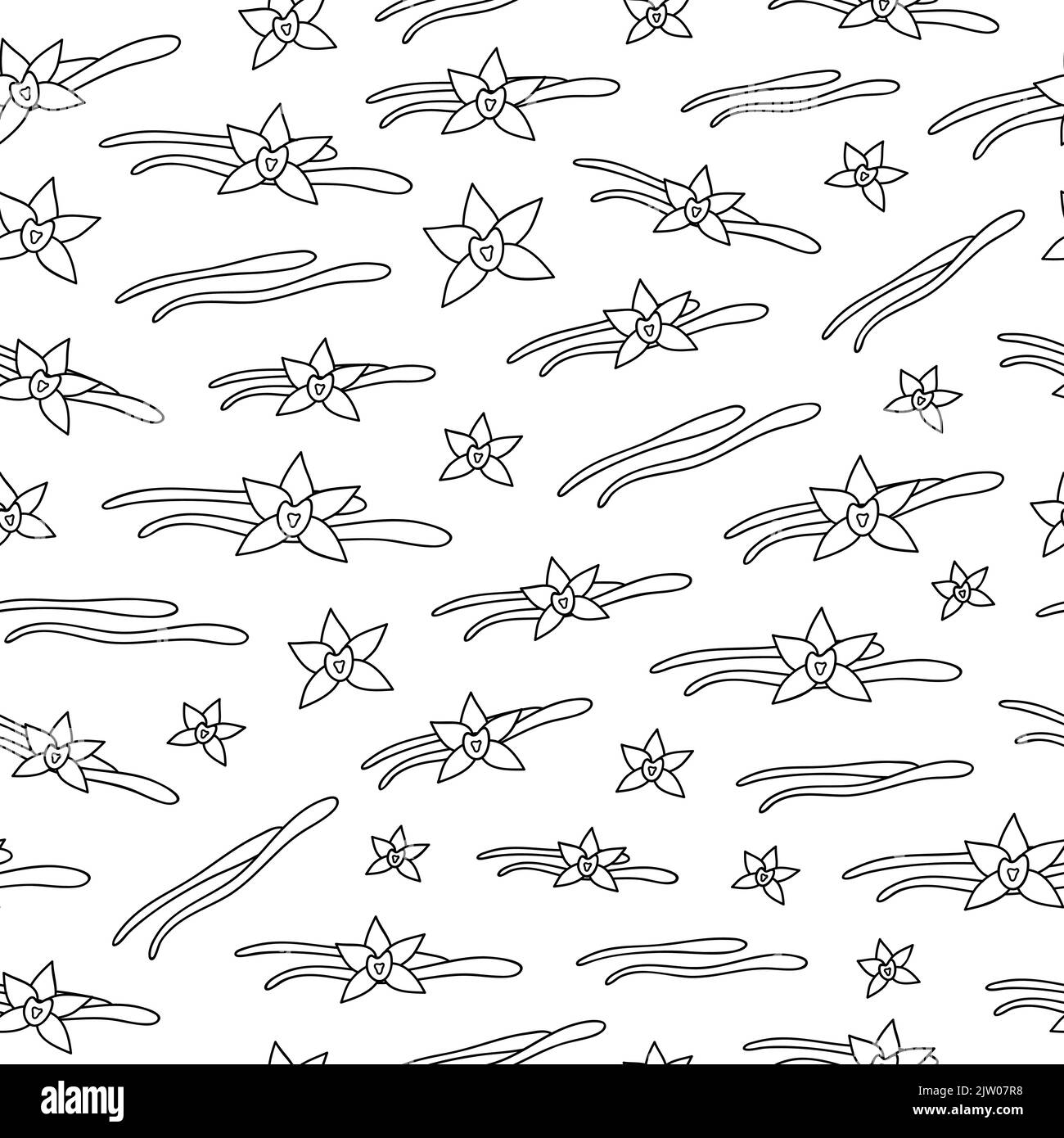 Black and white seamless pattern with hand drawn outline vanilla sticks ...