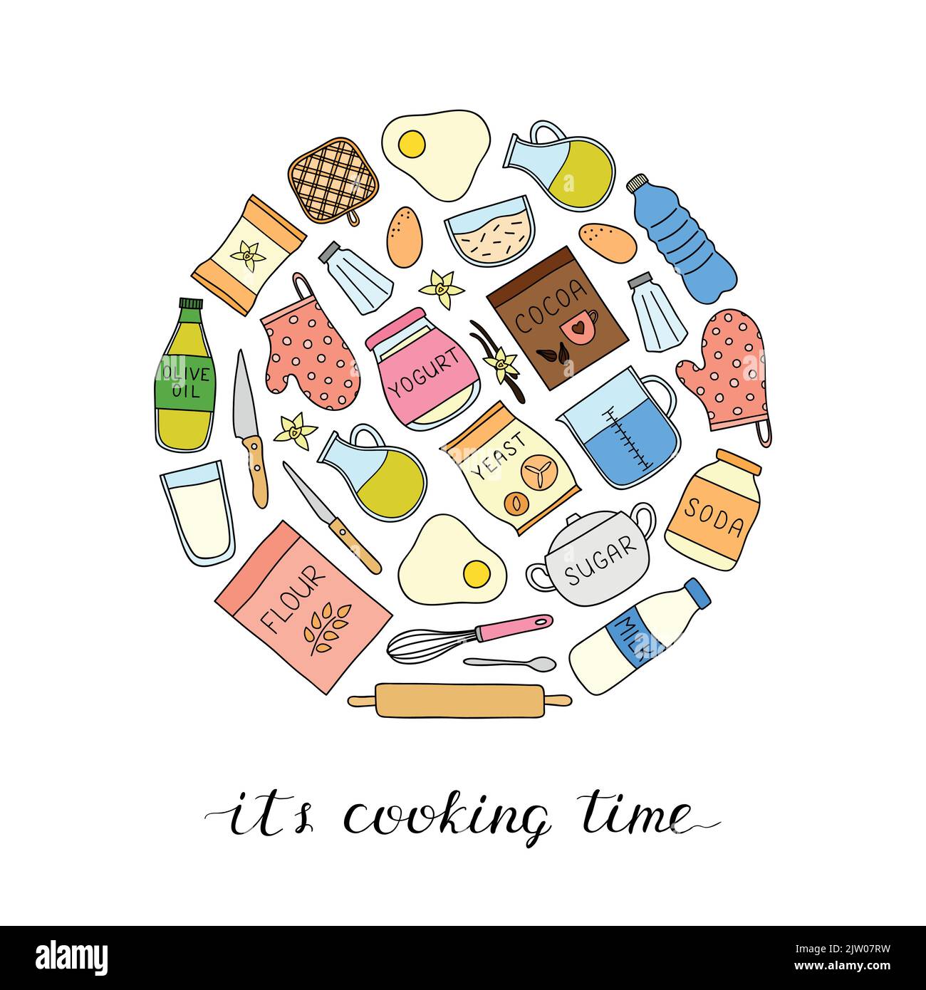 Doodle colored cooking, baking ingredients composed in circle shape ...