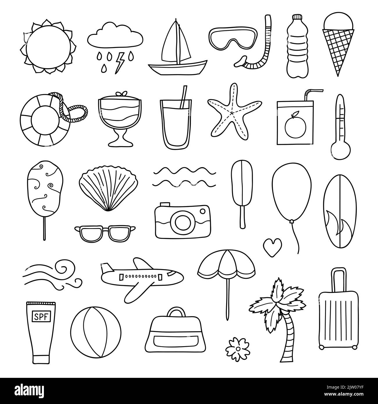 Set of doodle outline summer and vacation items isolated on white ...