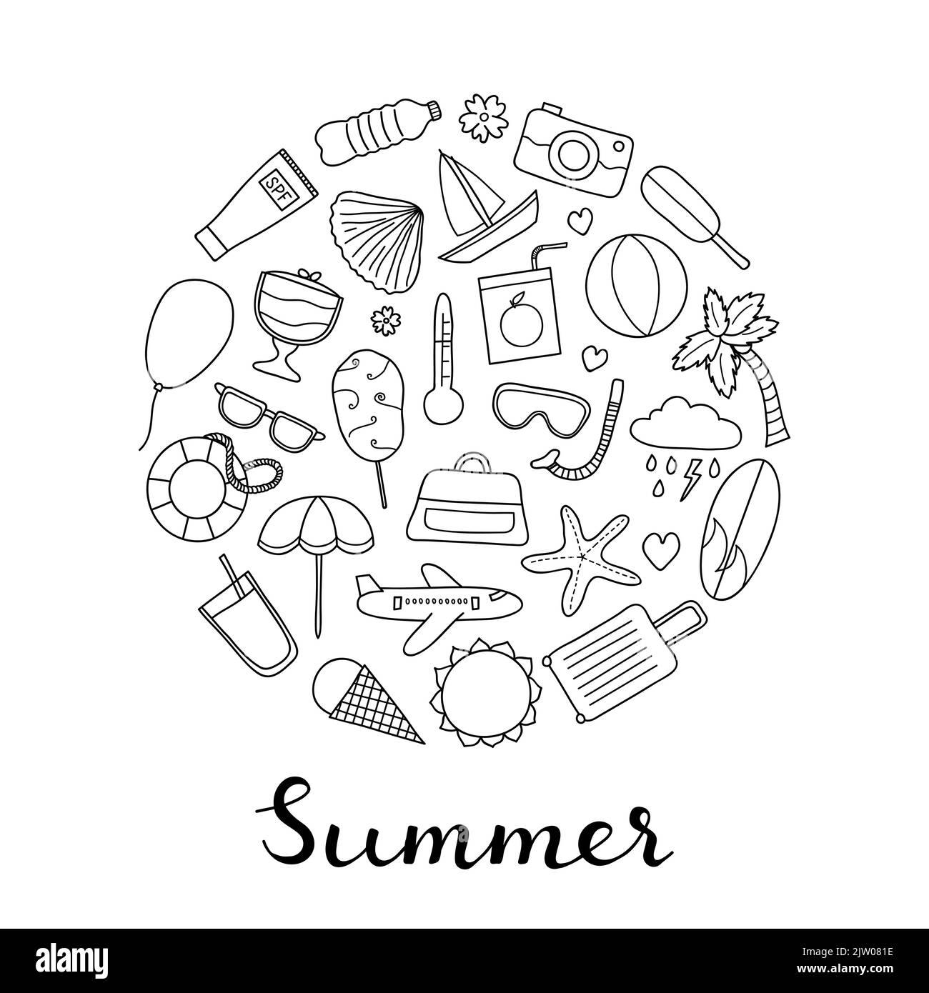 Doodle outline summer and vacation items composed in circle shape with ...
