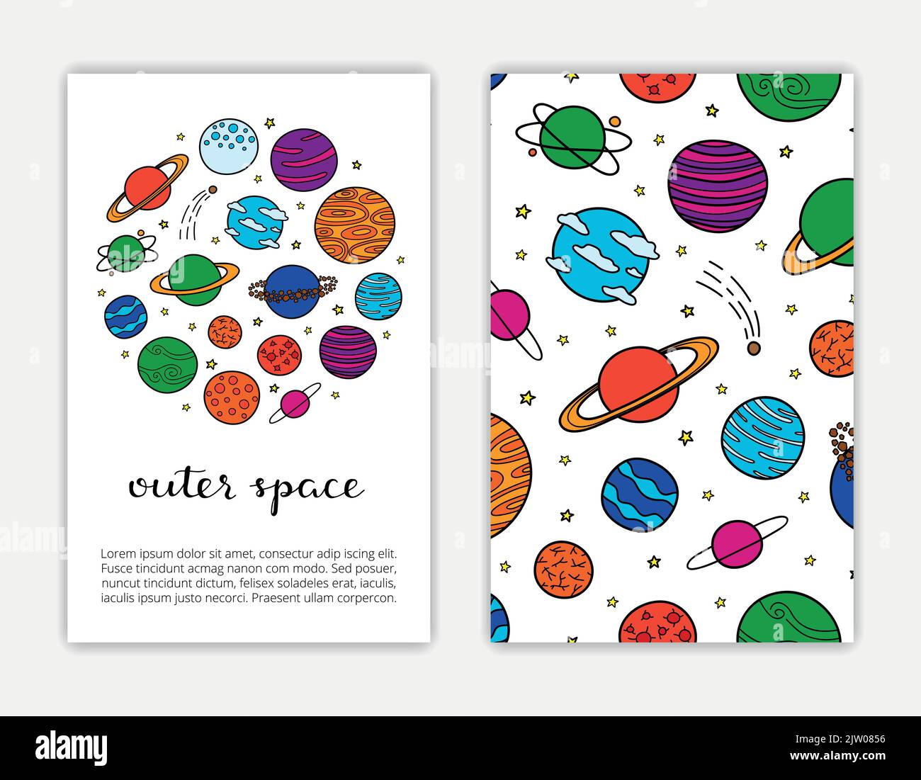 Card templates with doodle colored fantastic space planets. Used ...