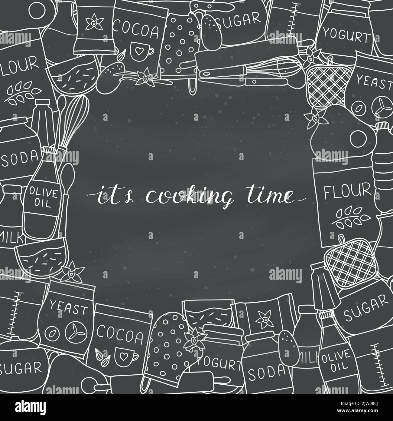 Square background with doodle cooking ingredients and lettering ...