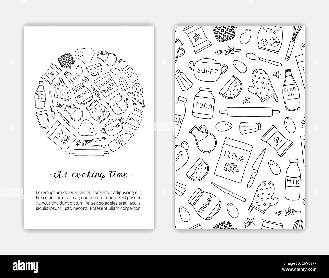 Card templates with doodle outline baking ingredients. Used clipping ...