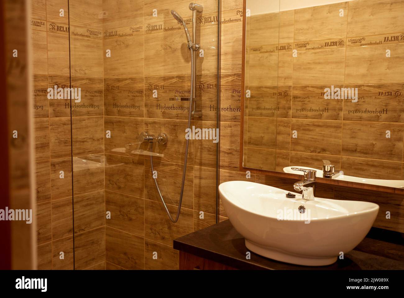 Modern bathroom with a shower booth and a basin Stock Photo - Alamy
