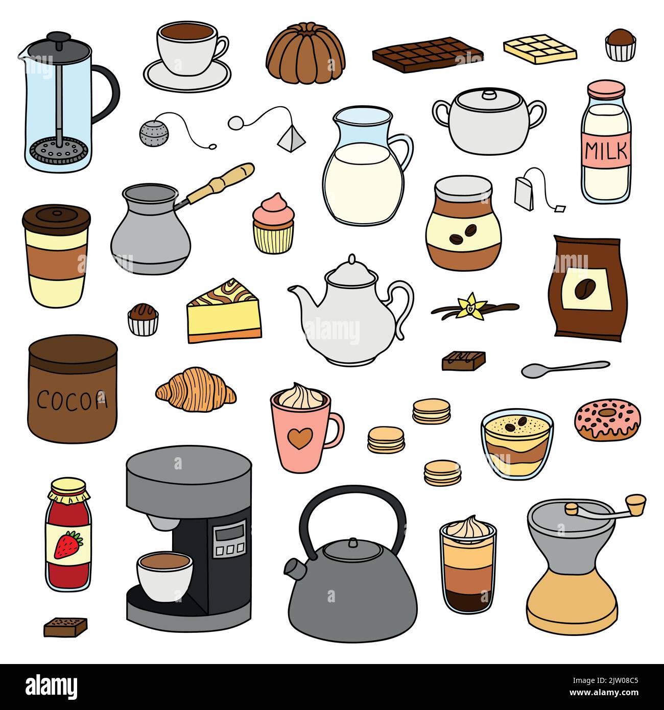 Set of hand drawn colored coffee, tea and cocoa items isolated on white ...