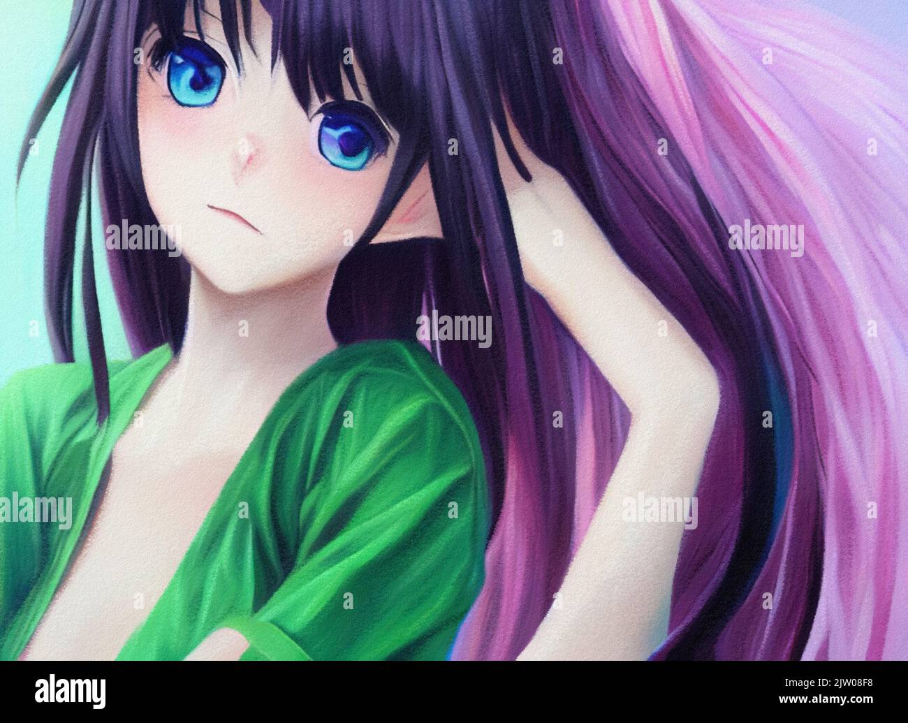 Pretty anime girl portrait. Beautiful woman oil painting print. Fantasy ...