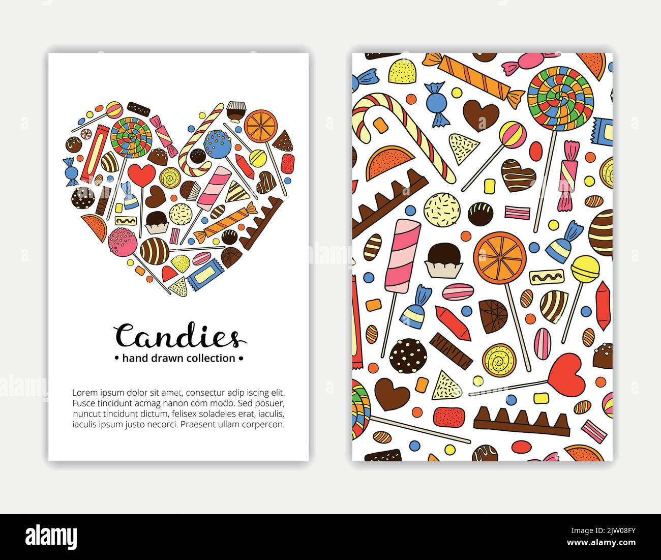 Card templates with hand drawn colored candies, chocolate sweets and ...