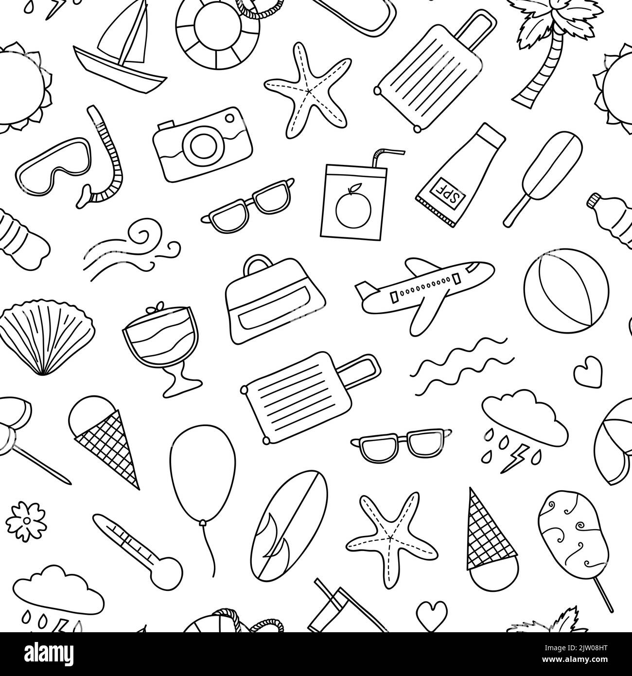Black and white seamless pattern with outline doodle summer and ...