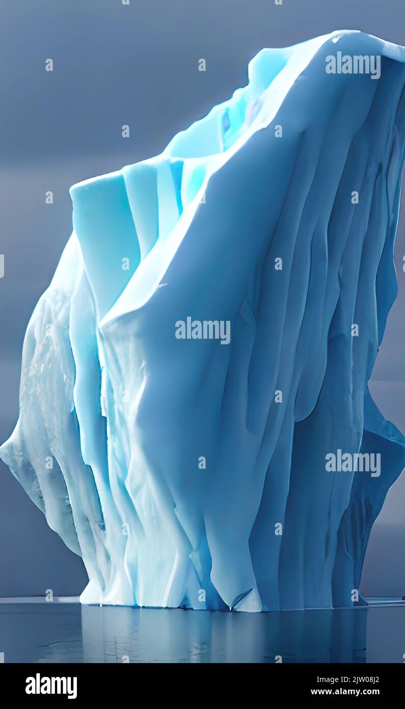 A giant iceberg in the blue ocean against a gloomy sky, vertical shot ...