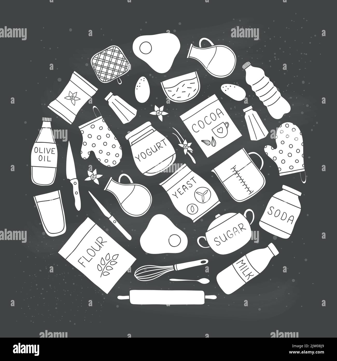 Doodle cooking, baking ingredients composed in circle shape Stock ...