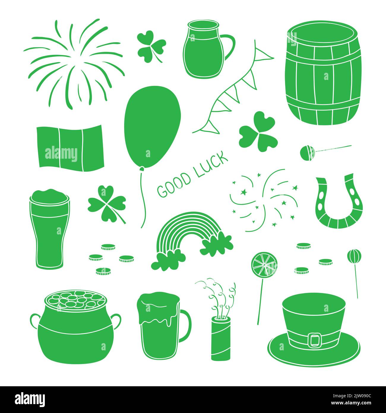 Set of hand drawn green items for Saint patrick s day celebration ...
