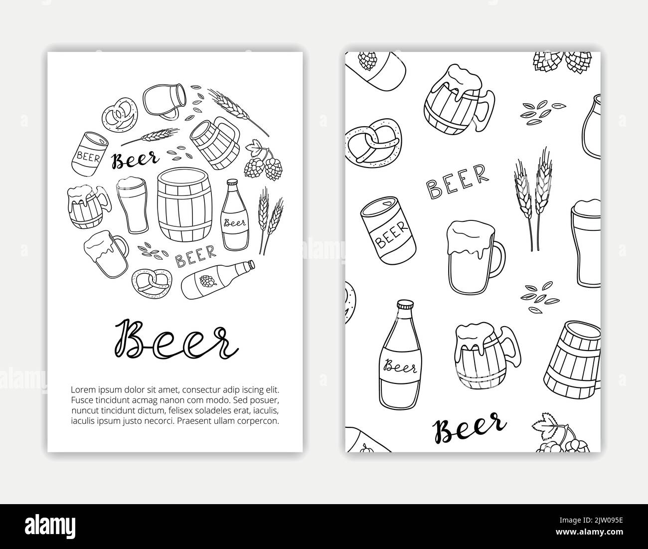 Card templates with hand drawn outline beer items and lettering. Used ...