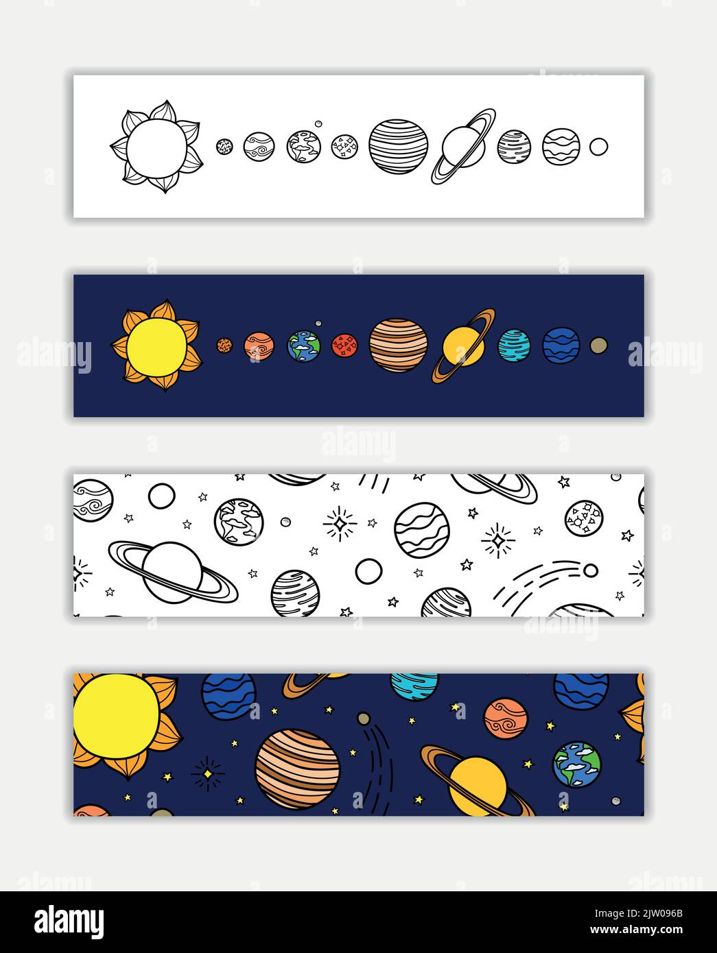 Horizontal banners with hand drawn colorful planets and stars of the ...